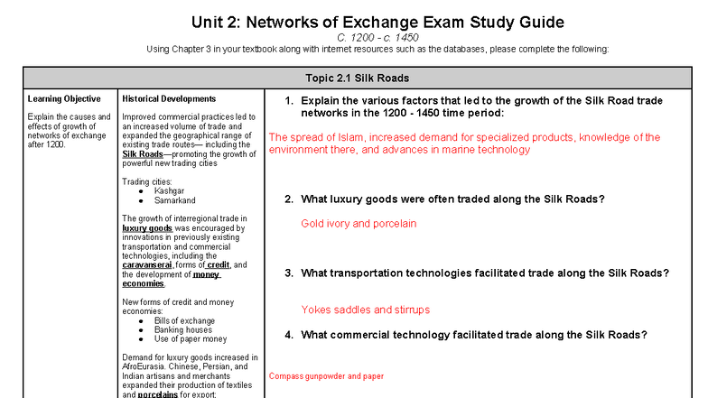 Unit 2: Networks of Exchange Exam Study Guide (c. 1200-1450) - Studocu