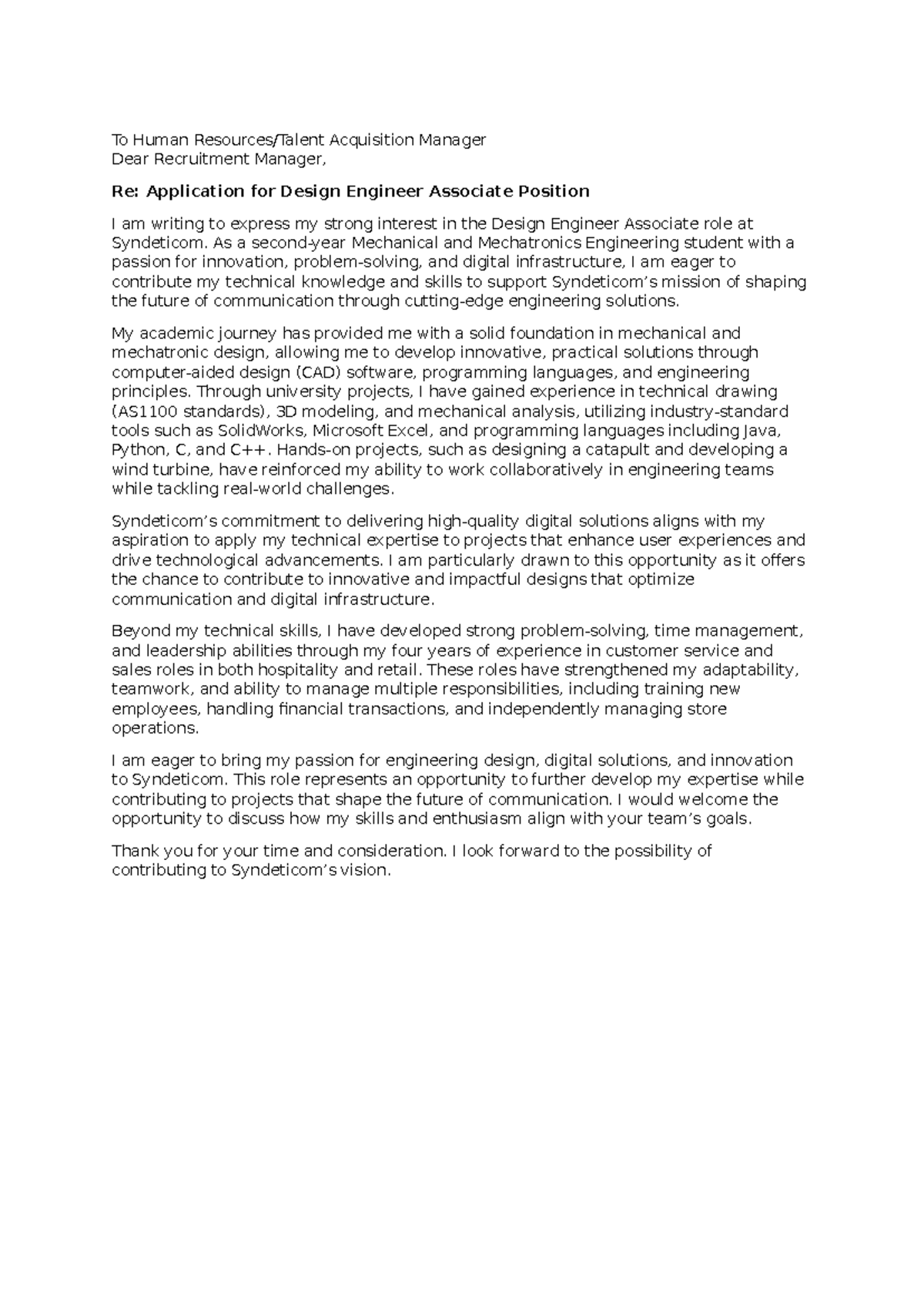ENGR 101: Cover Letter for Design Engineer Associate Position - Studocu