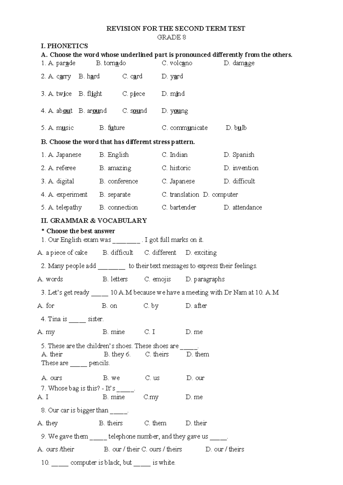 Hk2-DE1: Grade 8 Final Exam Revision on Phonetics and Grammar - Studocu