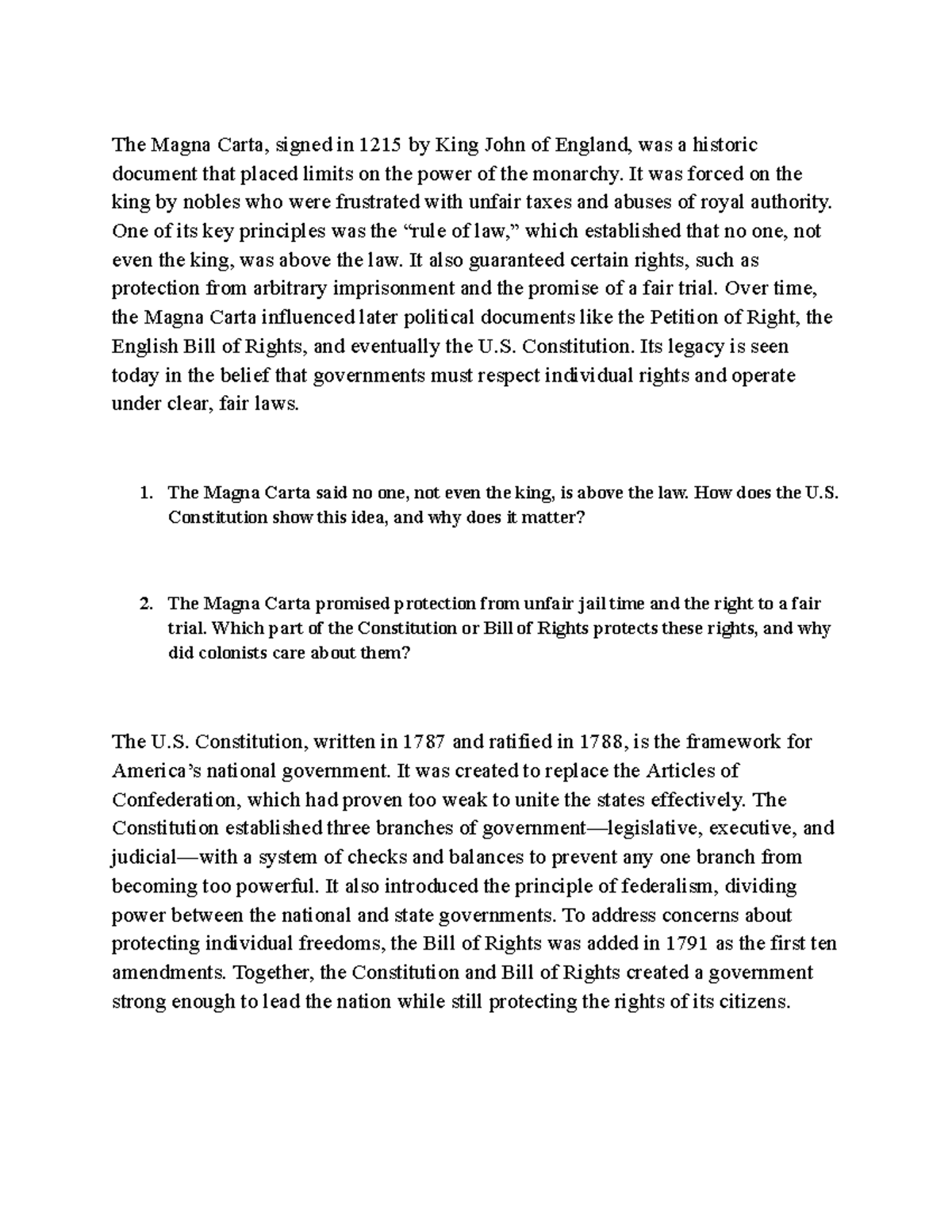 The Magna Carta and Its Influence on the U.S. Constitution - Studocu