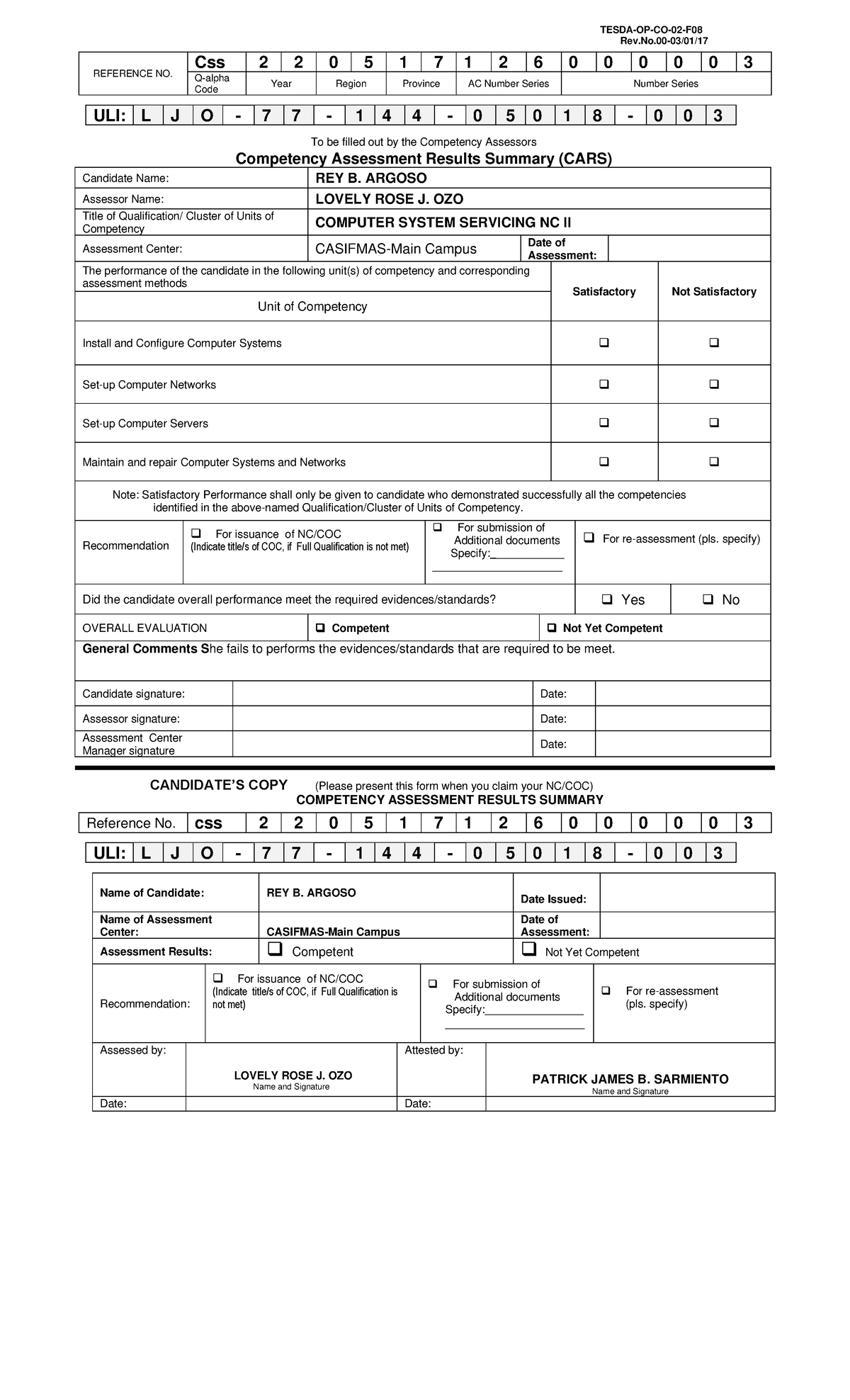 Competency Assessment Results Summary CARS 1 - Computer System ...