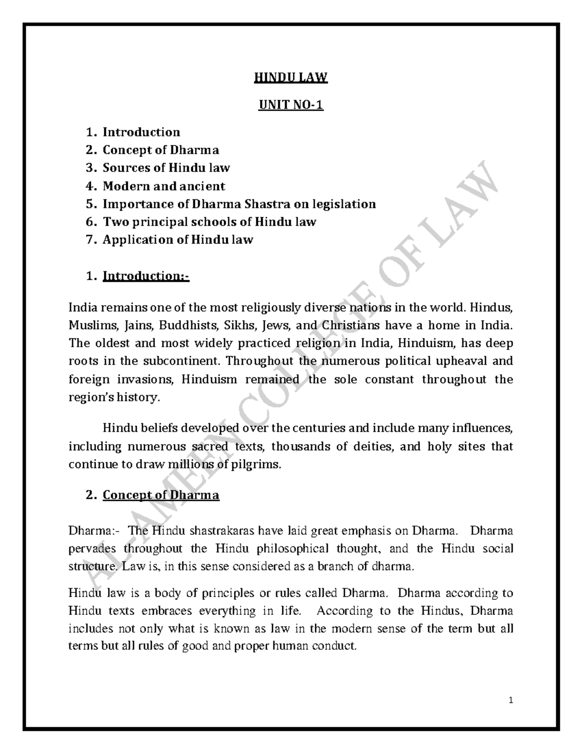 Unit 1: Overview of Hindu Law – Key Concepts and Sources - Studocu