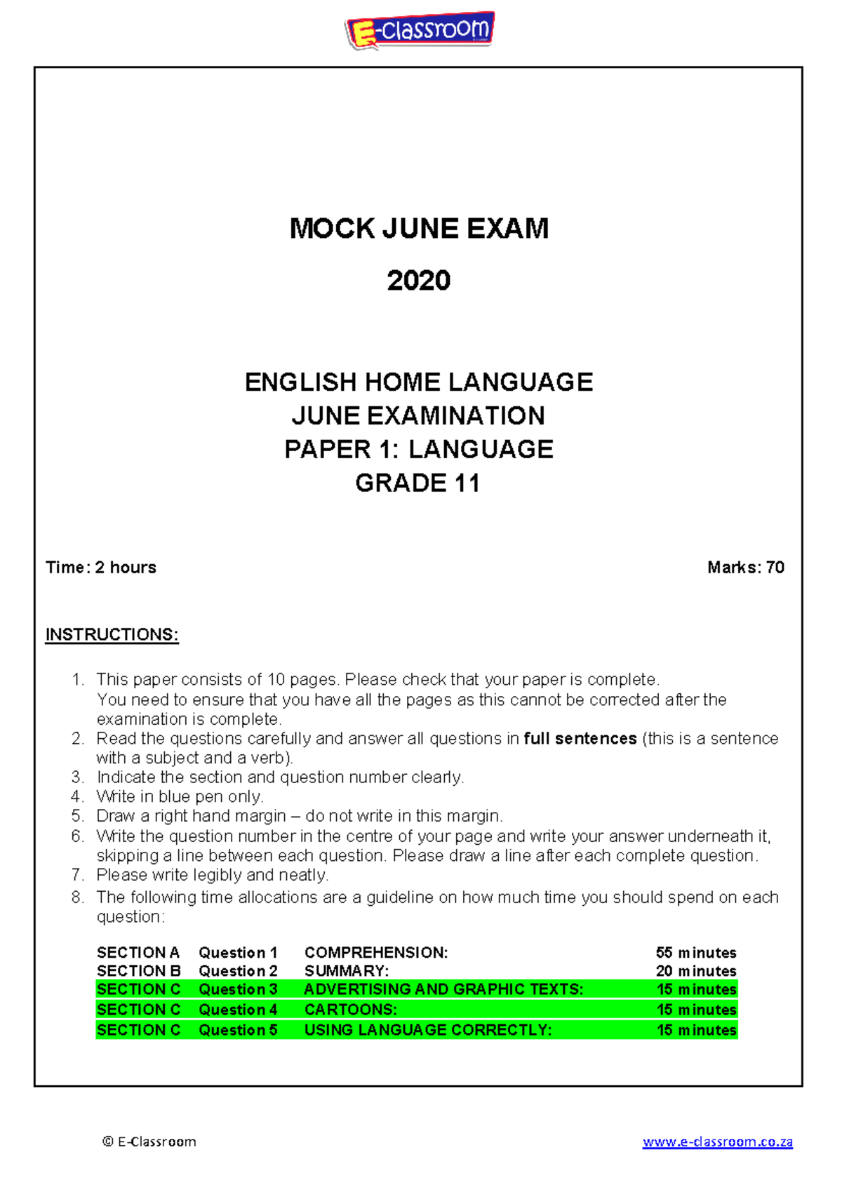 Grade 11 June Exam Paper 1: English Home Language (2020) - Studocu