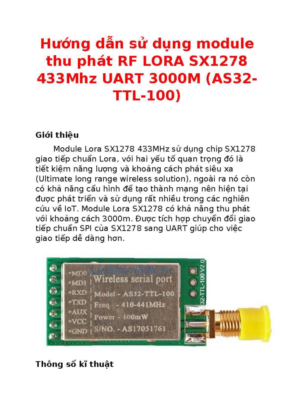 Hướng dẫn sử dụng module RF LORA SX1278 433MHz UART (AS32-TTL-100 ...