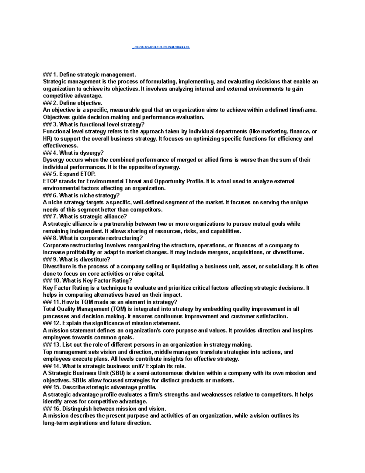 Strategic Management Concepts Overview (Course Code: 1,2 MARK) - Studocu