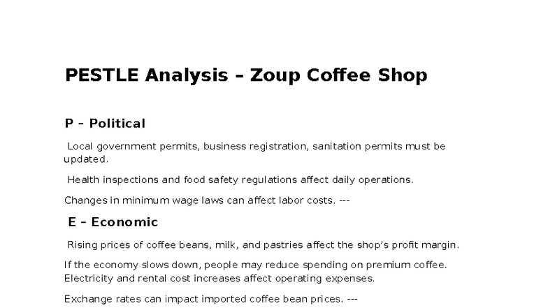 Pestle- Analysis - PESTLE Analysis – Zoup Coffee Shop P – Political ...