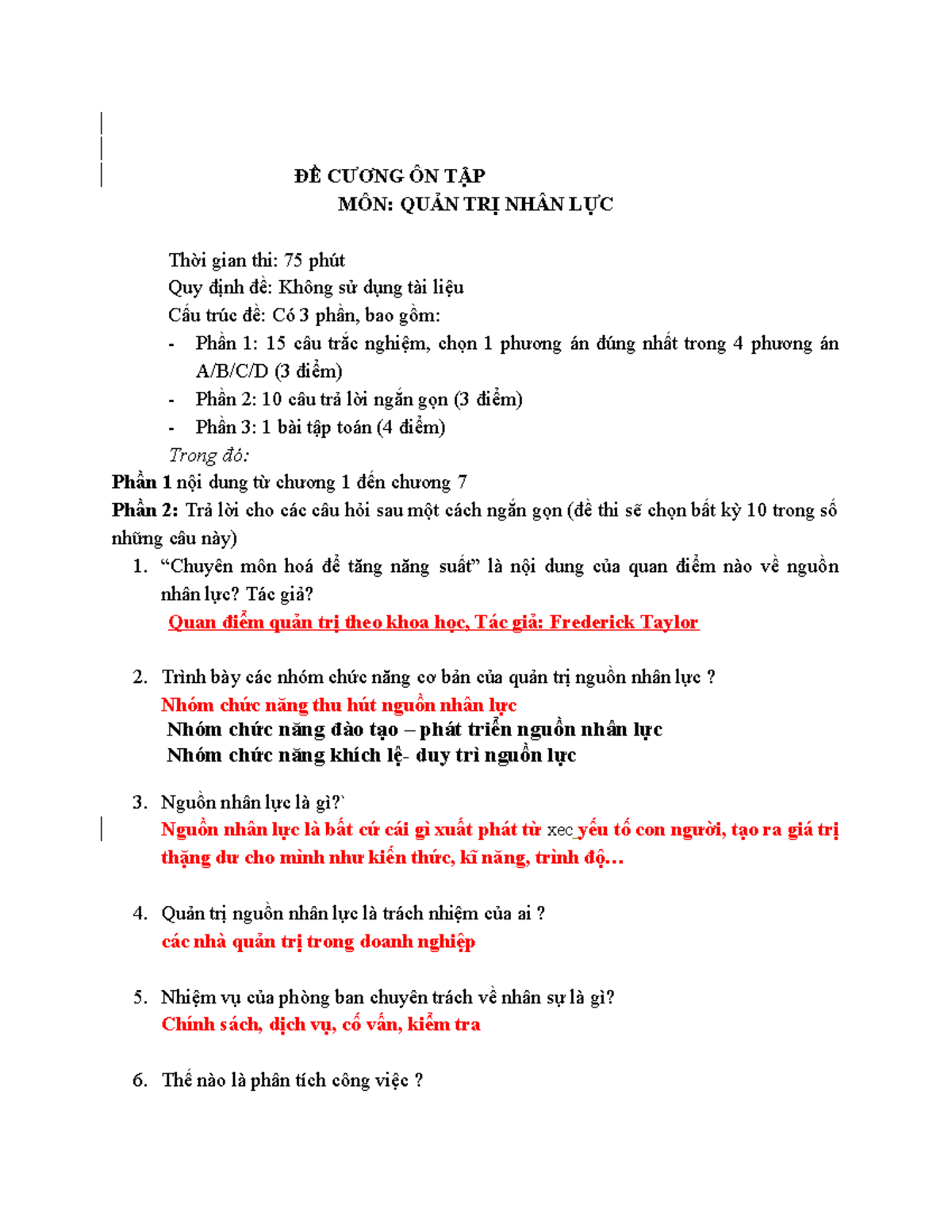 CHN-TL - Đề Cương Ôn Tập Quản Trị Nhân Lực - Thi 75 Phút - Studocu