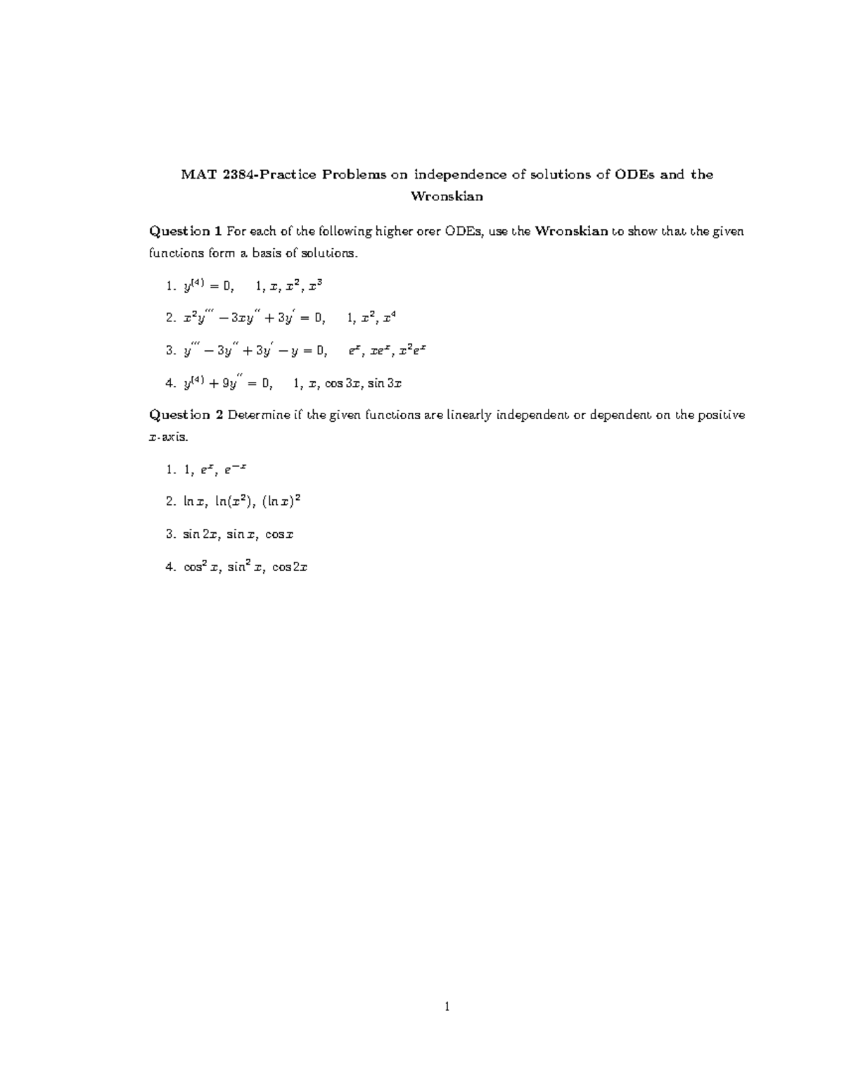 MAT 2384 - Practice Problems on the Wronskian and ODE Solutions - Studocu