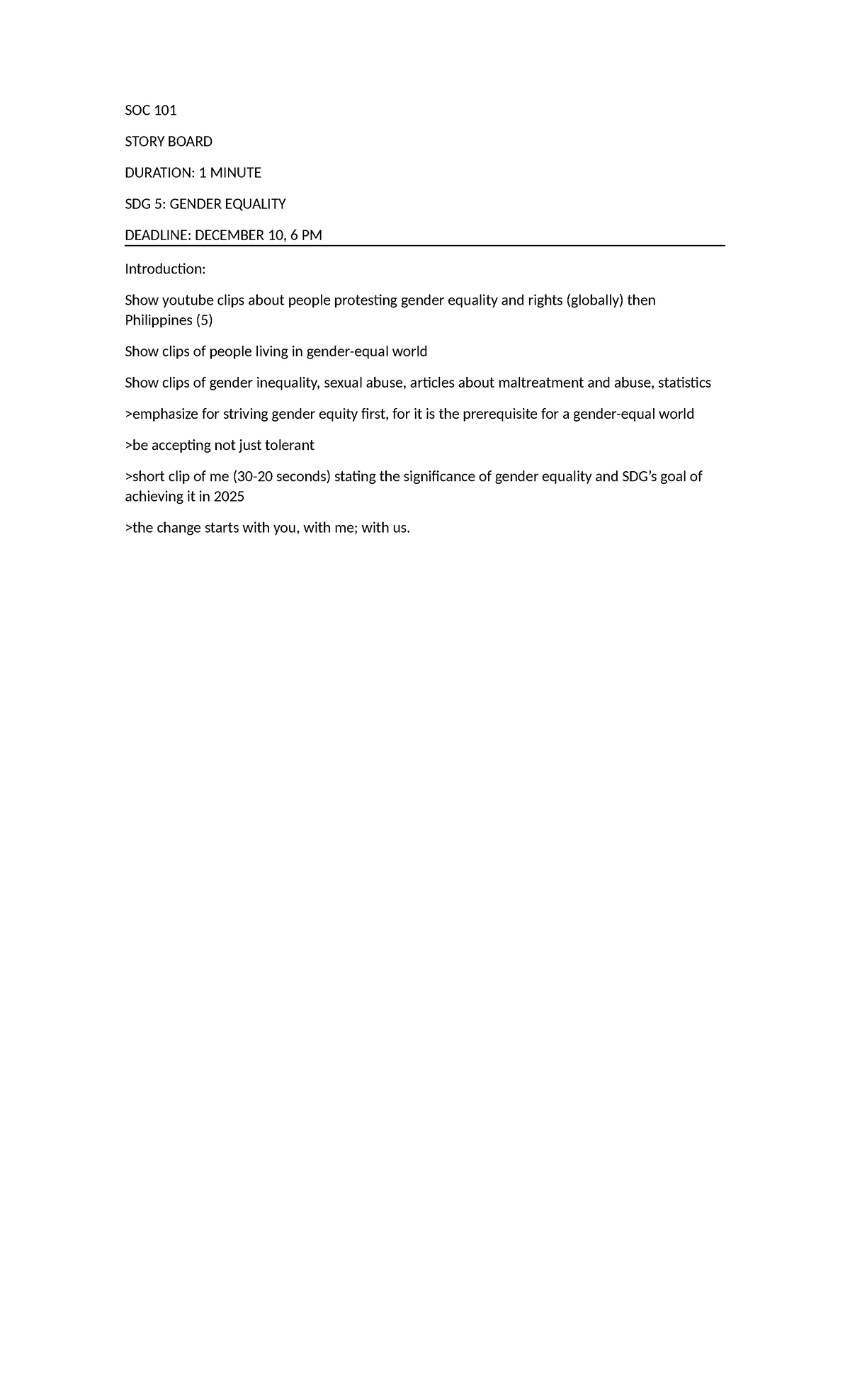 SOC 101 - SDG 5 Gender Equality 1-Minute Script and Storyboard - Studocu