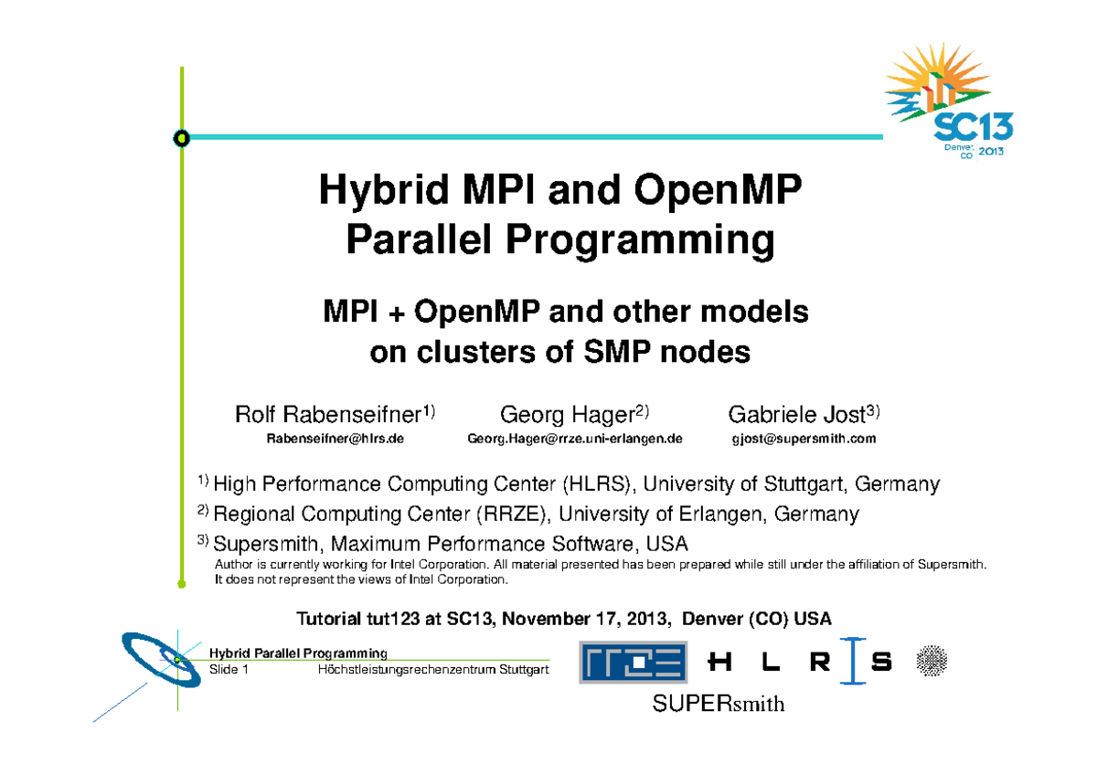 Hybrid MPI and OpenMP Parallel Programming Tutorial (Tut123) - Studocu