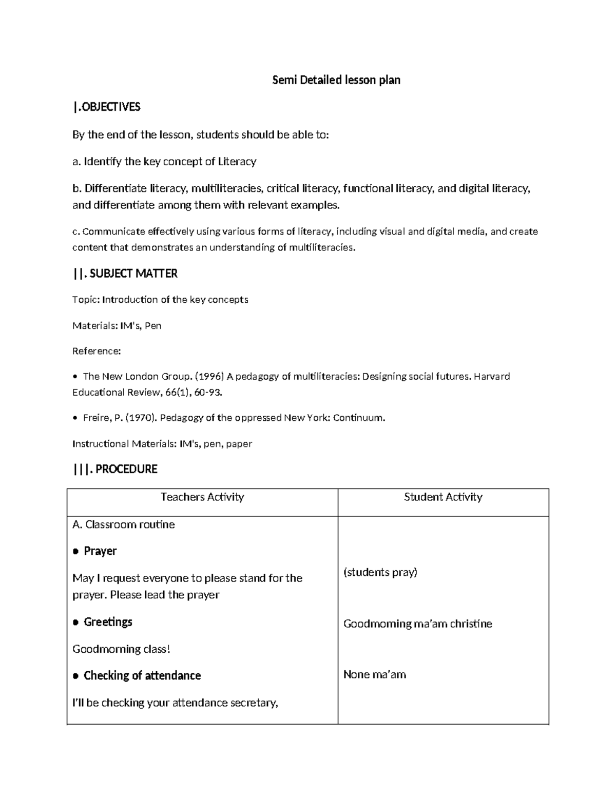 Semi-Detailed Lesson Plan on Literacy Concepts - ENG 101 - Studocu
