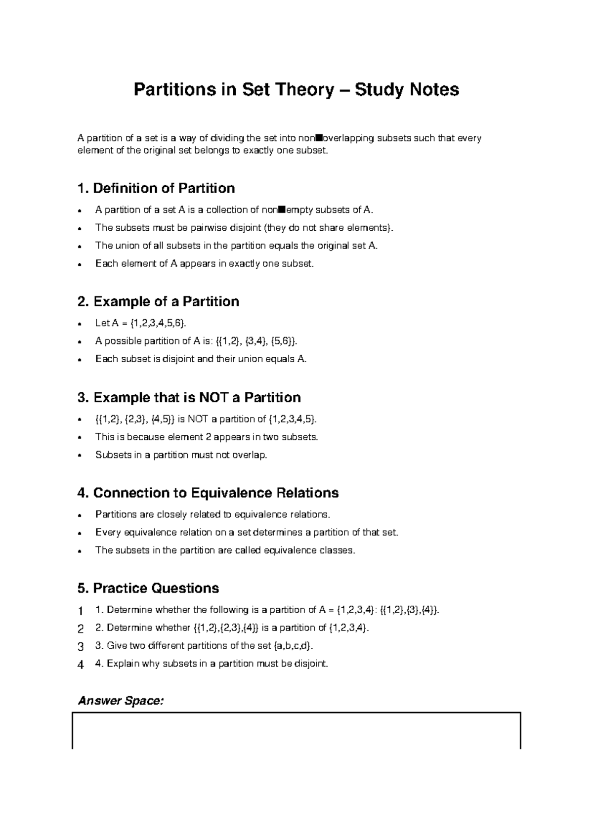 Set Theory (MATH101) Partitions Study Notes and Examples - Studocu