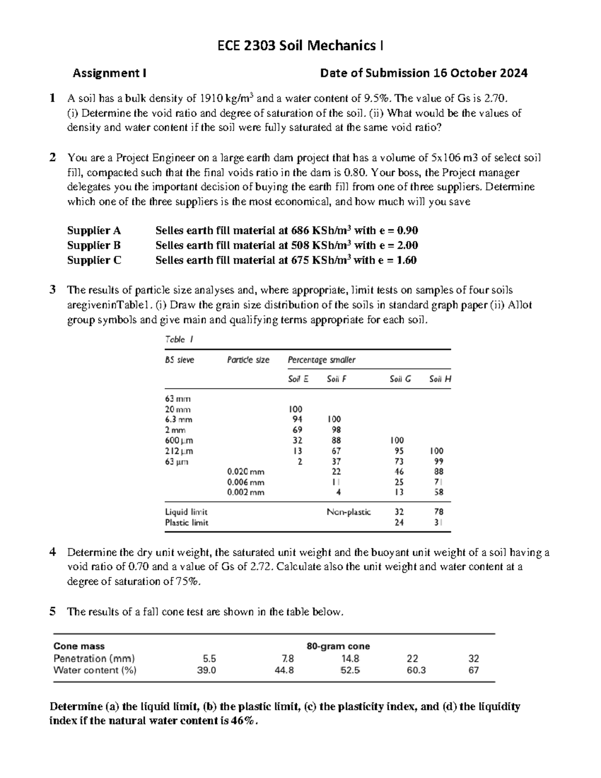 ECE 2303 Soil Mechanics I Assignment 1: Practices & Calculations - Studocu
