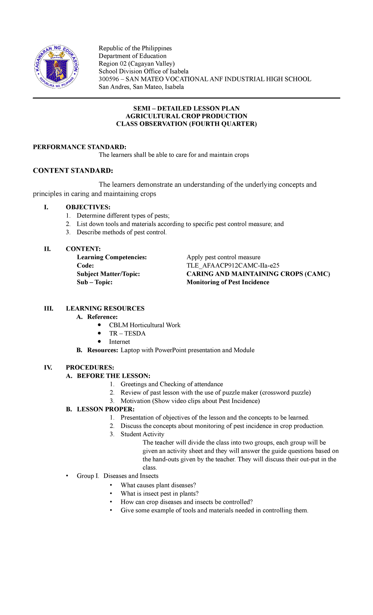 Cot SEMI detailed lesson plan for demo - Republic of the Philippines ...