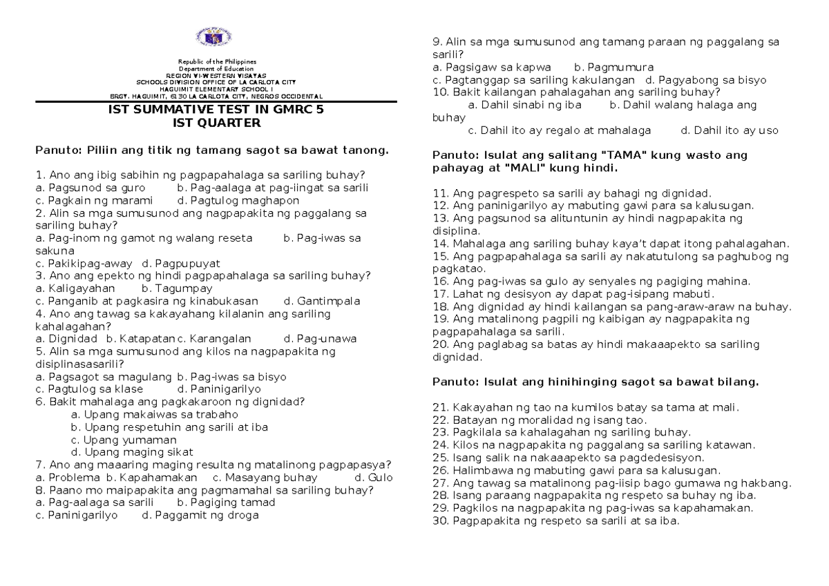 1Q GMRC 5 Summative Test Questions and Answers - Studocu