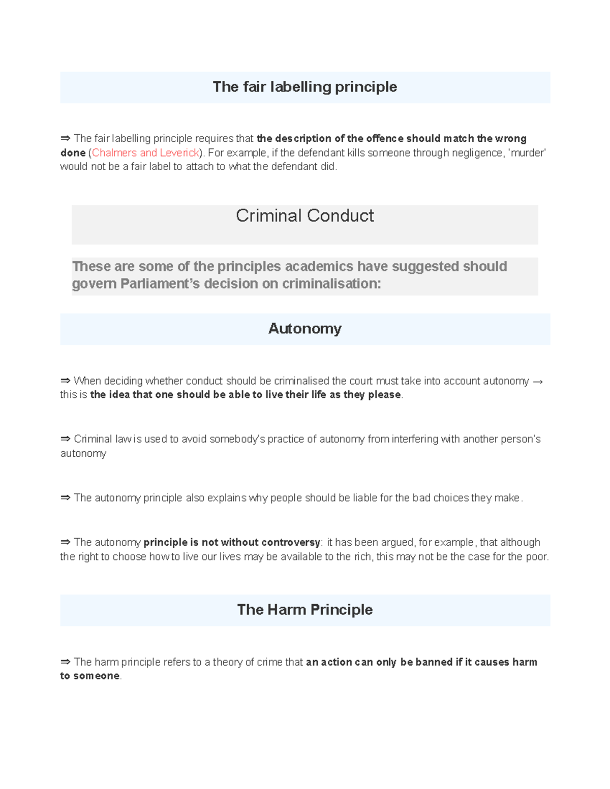 Criminal Law - Class Notes on Fair Labelling & Culpability Principles ...