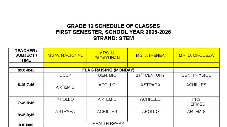 GRADE 12 SCHEDULE OF CLASSES FIRST SEMESTER 2025 - Studocu