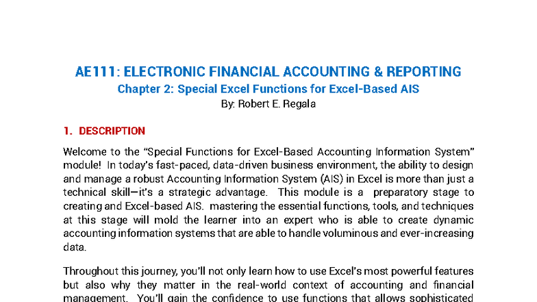 EFA 101: Chapter 2 - Special Excel Functions for AIS - Studocu