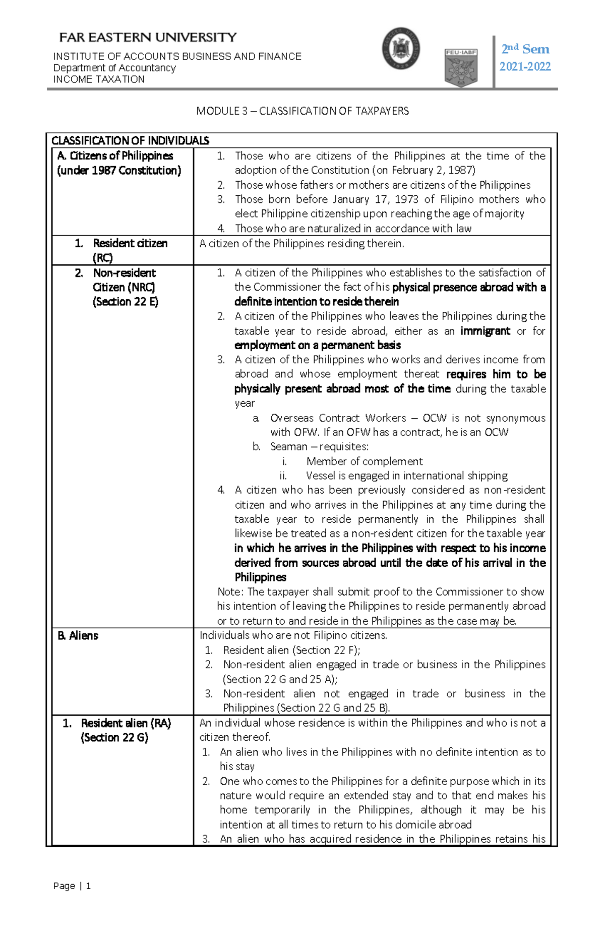 Module 3: Taxpayer Classification in Income Taxation (ABF 2021-2022 ...