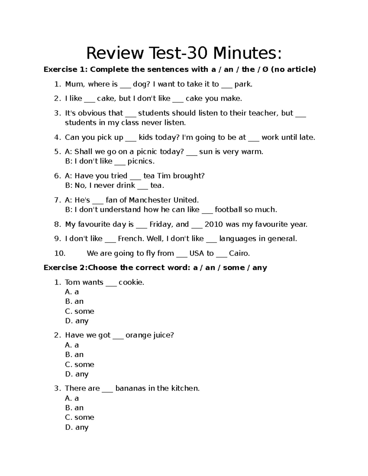 Review Test: Articles and Vocabulary Exercises (ENG101) - Studocu