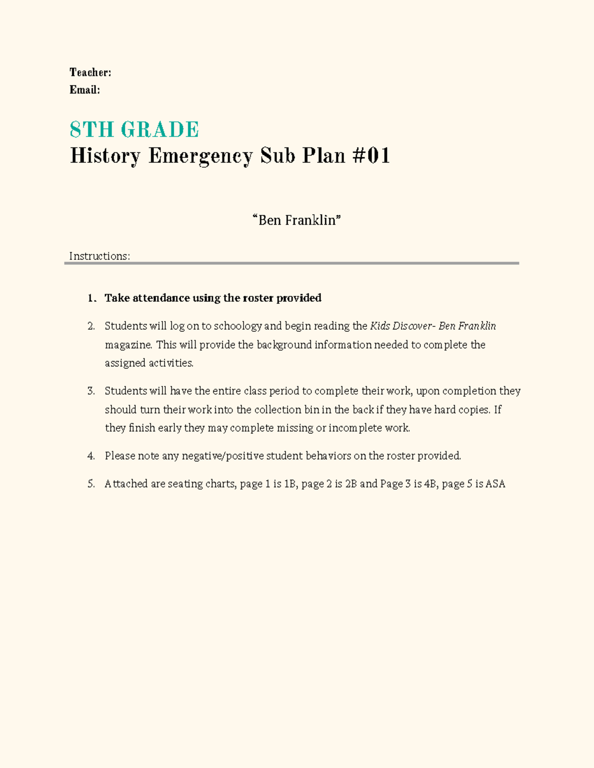 8TH GRADE History Emergency Sub Plan for "Ben Franklin" Unit 1 - Studocu