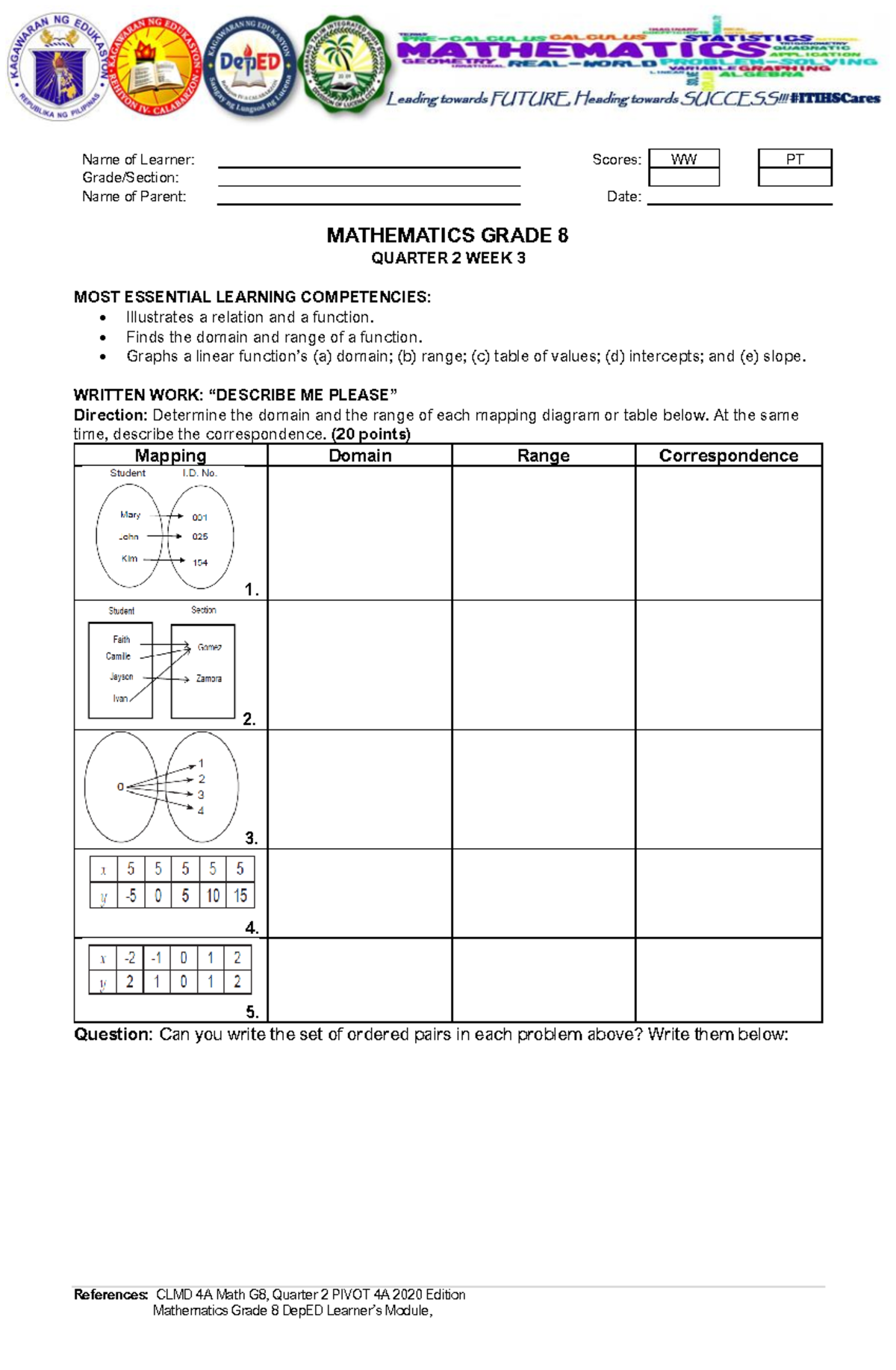 MATH 8 Q2 LAS 2.3 - Activity Sheet for Written Works & Performance Task ...