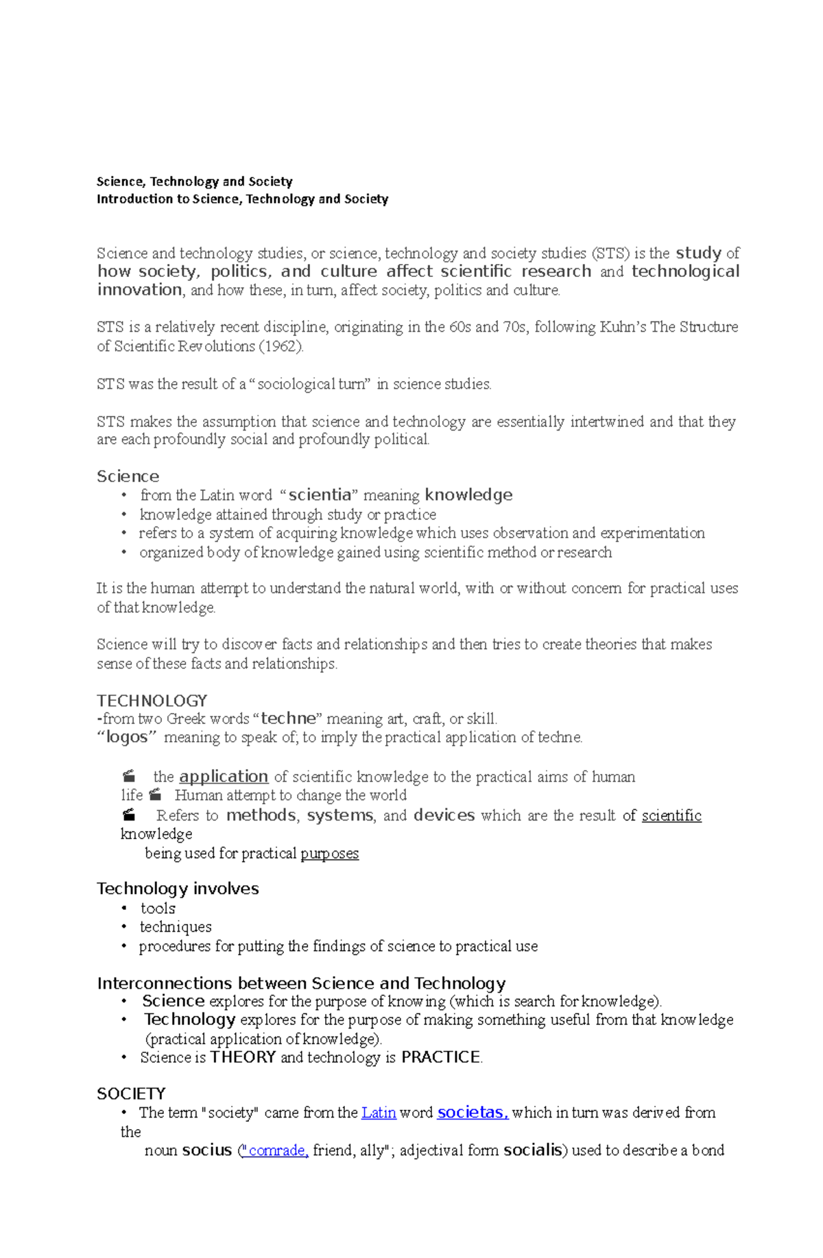 Handout Introduction to STS - Science, Technology and Society Introduction to Science ...