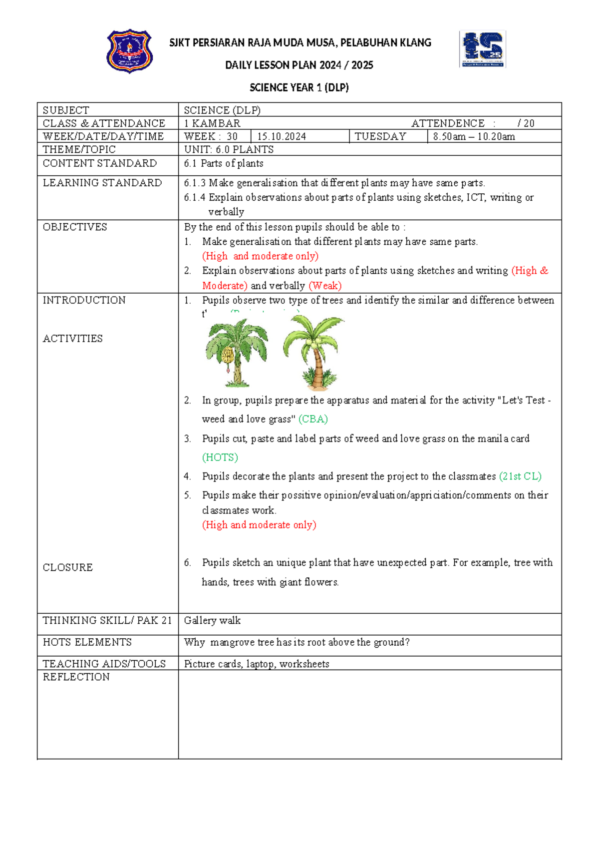 RPH Science DLP Y1 15 - Lesson Plan - SJKT PERSIARAN RAJA MUDA MUSA ...