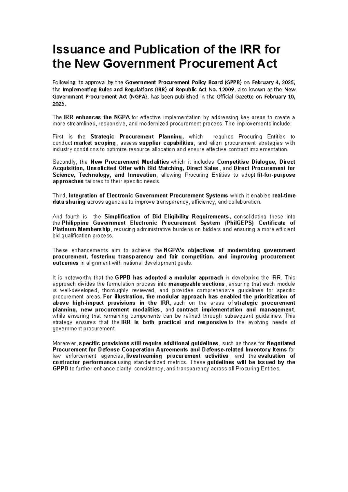 Update on the New Government Procurement Act (RA 12009) IRR Guidelines ...