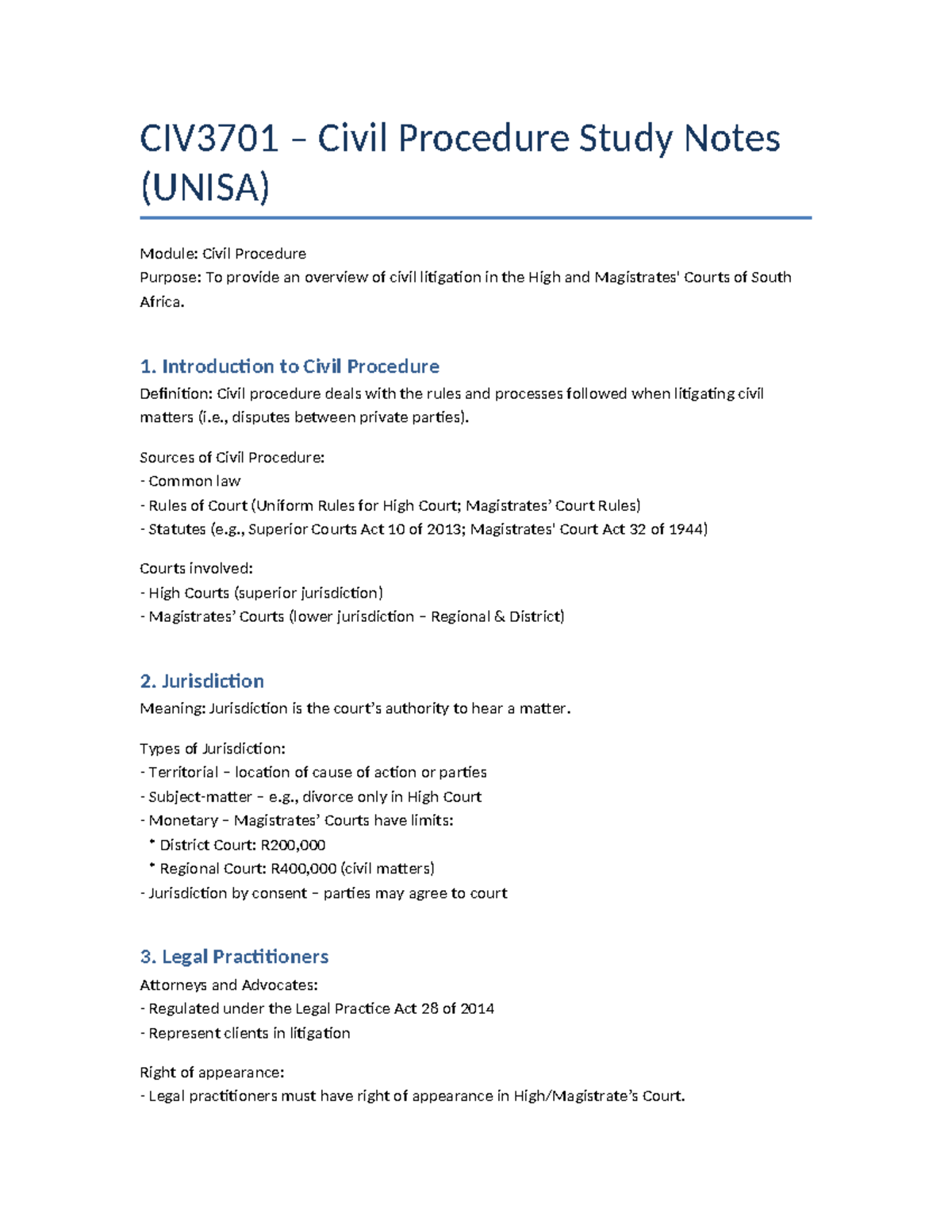 CIV3701 Civil Procedure Study Notes: Overview & Key Concepts - Studocu