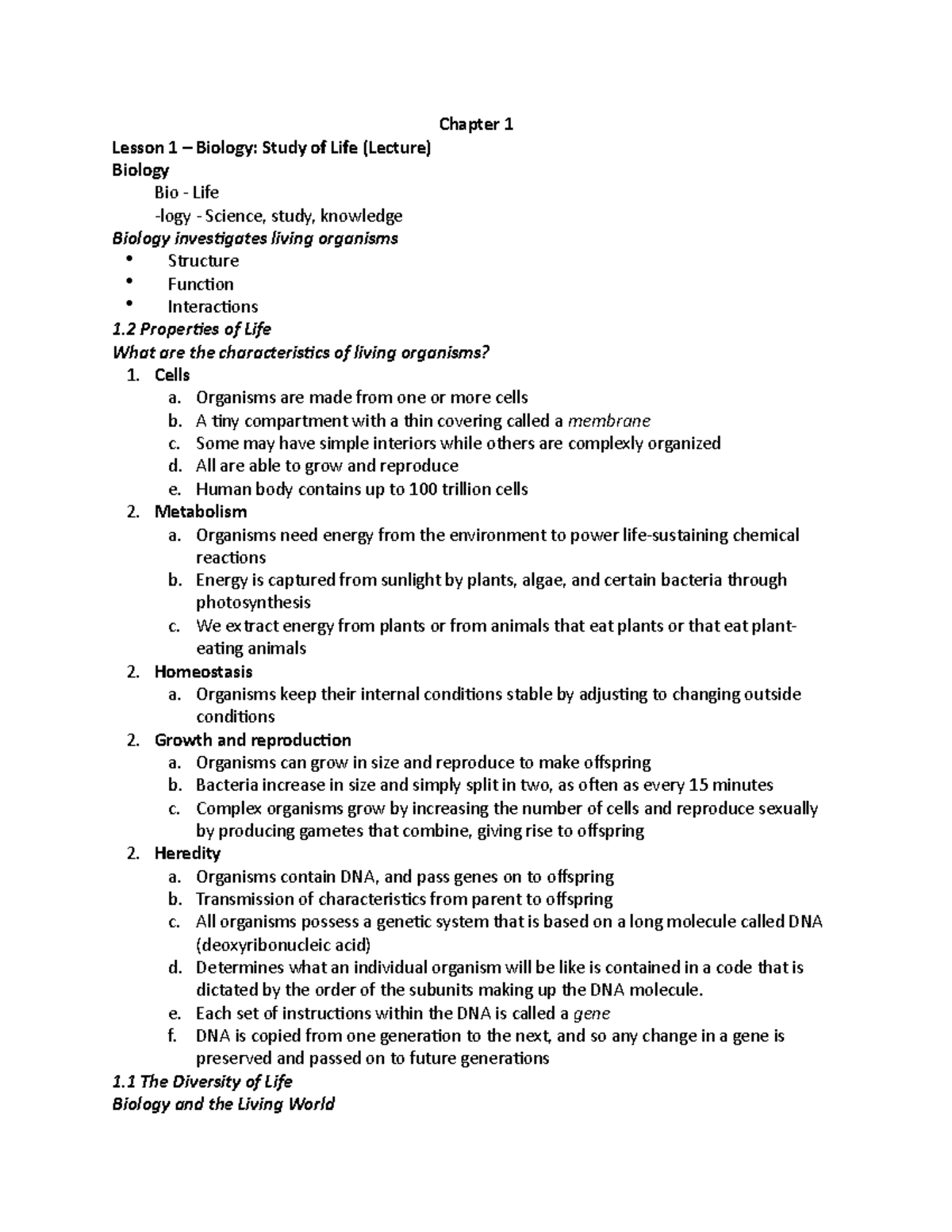 Bio 101 Notes 1 - 10 - Chapter 1 Lesson 1 – Biology: Study of Life ...
