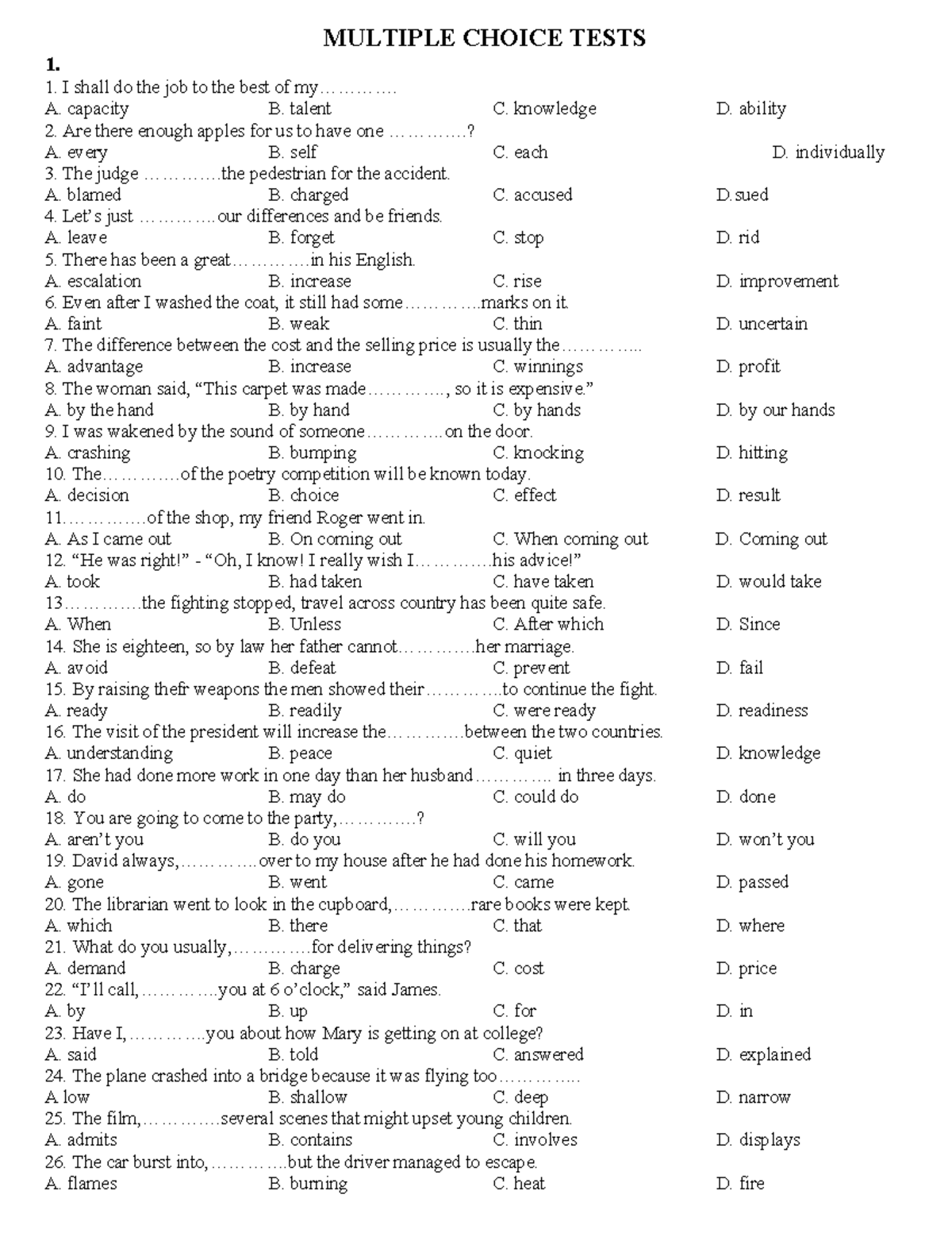 Multiple Choice Tests (1-22.2) - Practice Questions and Answers - Studocu