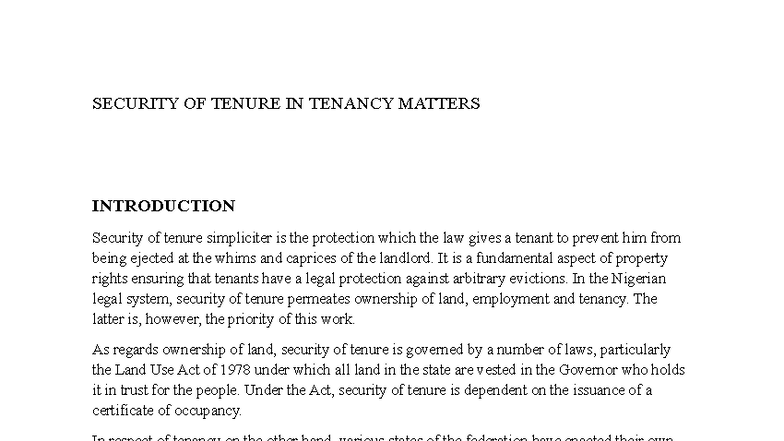 SEC 101: Security of Tenure in Tenancy Matters - An Overview - Studocu