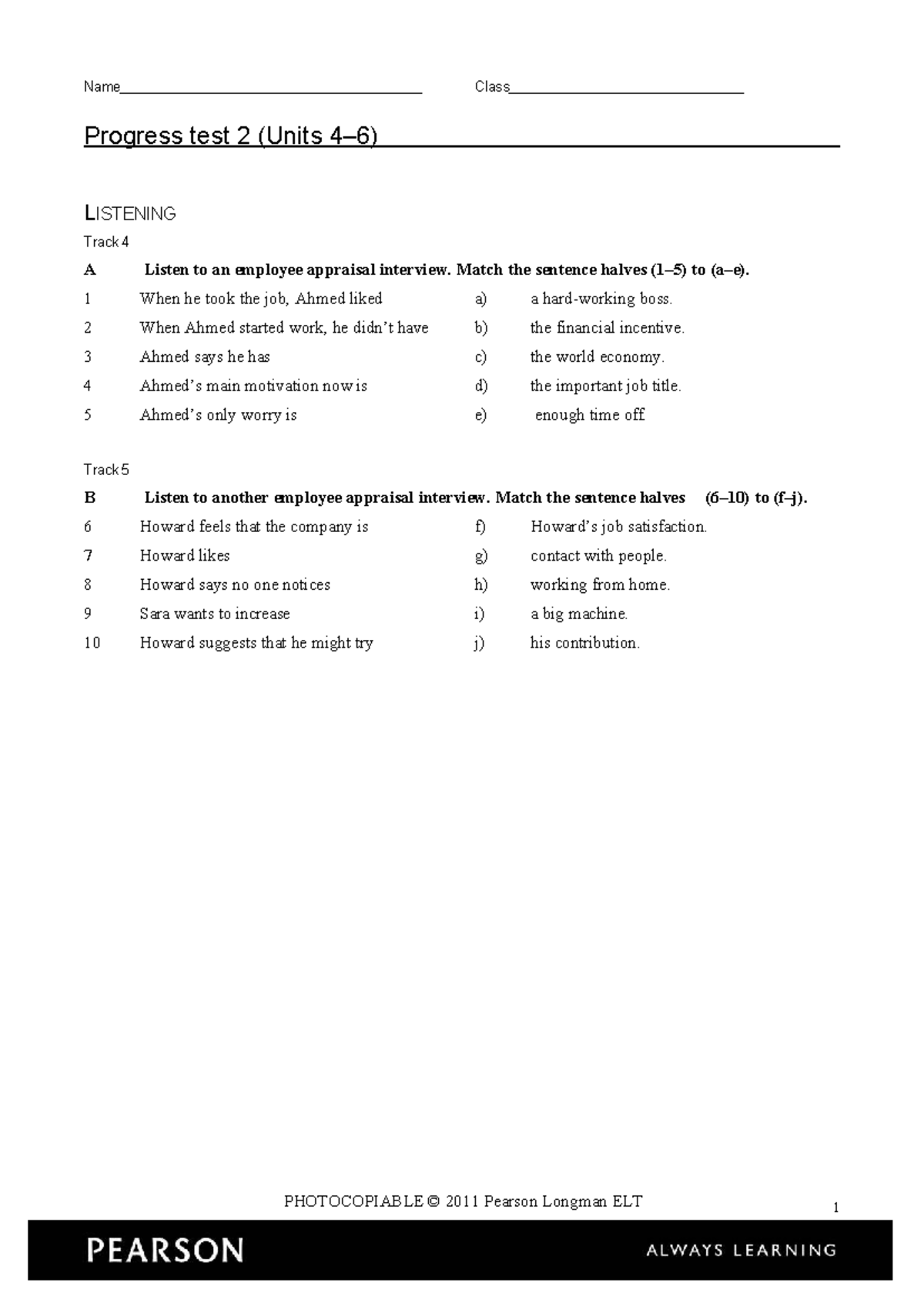 Progress Test 2: Market Leader Advanced Listening & Reading Activities ...