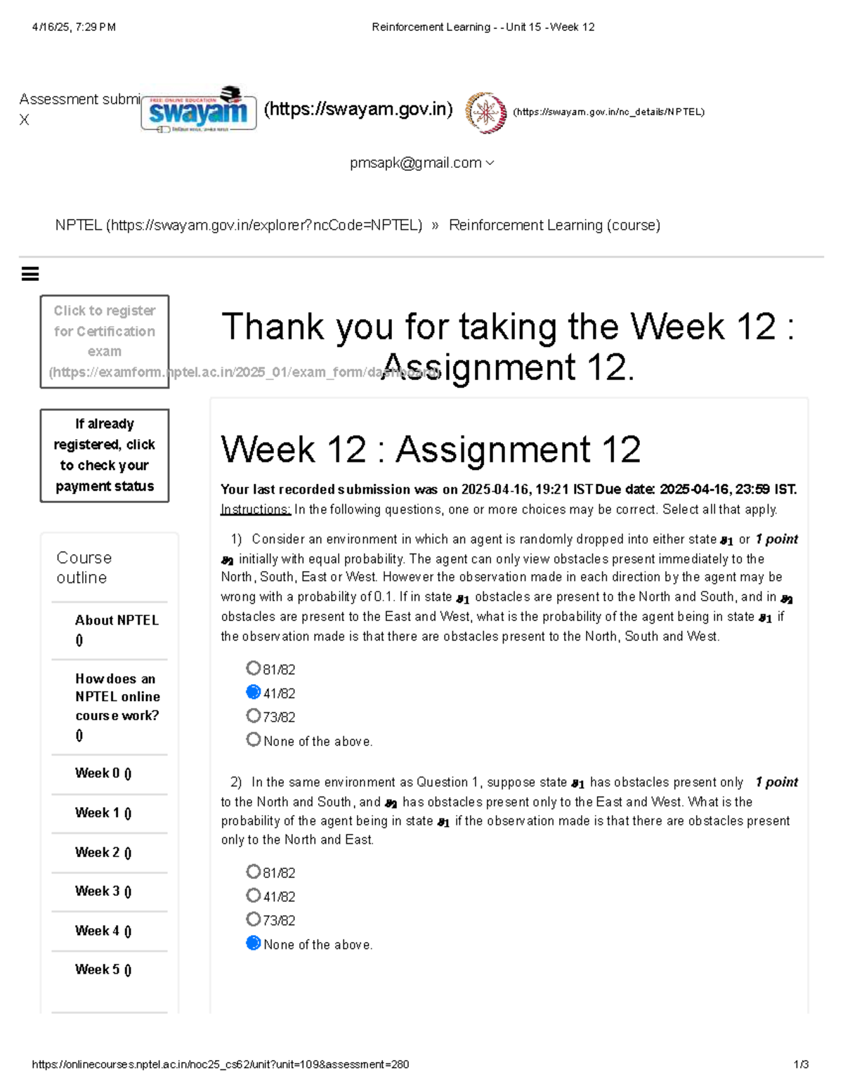 Reinforcement Learning (NPTEL) - Week 12 Assignment Overview - Studocu
