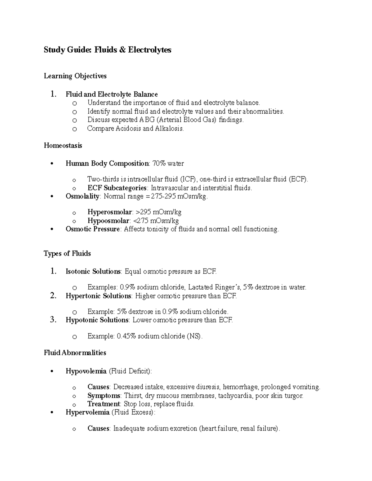 Chapter 10 Fluids AND Electrolytes - Study Guide: Fluids & Electrolytes ...