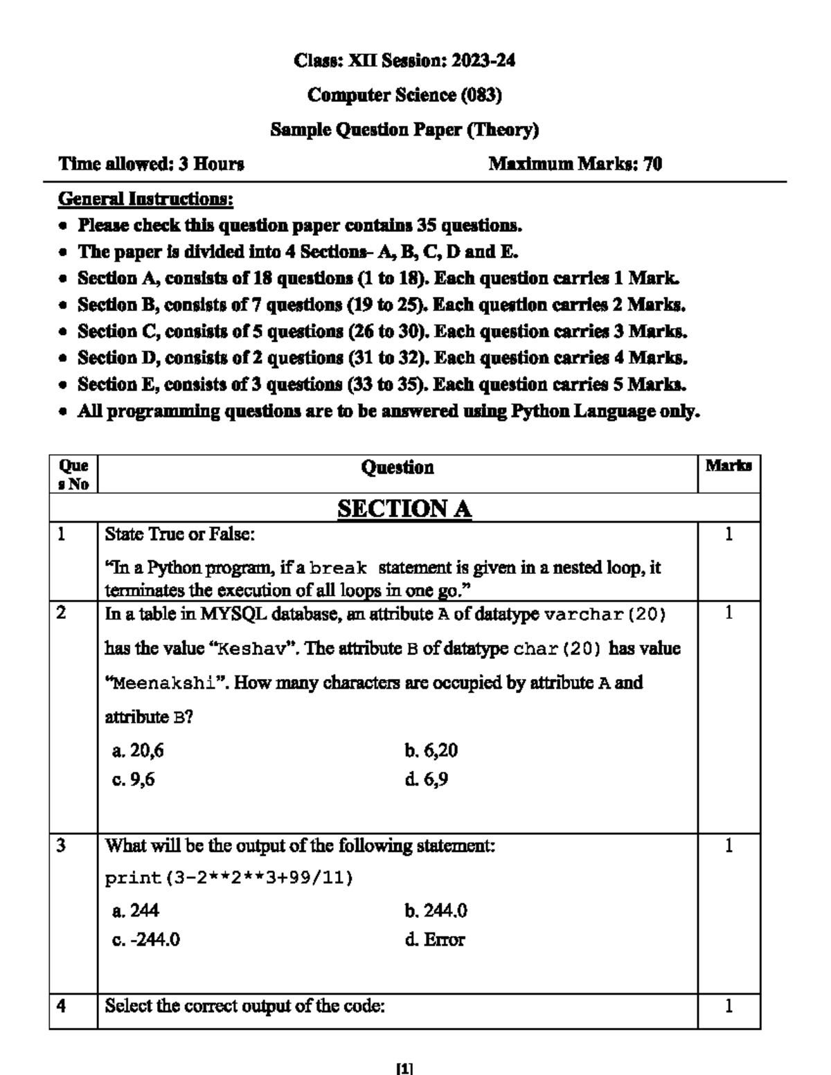 Class XII Computer Science (083) Pre-Board Sample Question Paper - Studocu