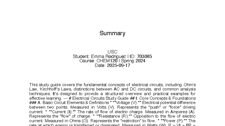 CHEM120 Spring 2024: Electrical Circuits Study Guide - Studocu