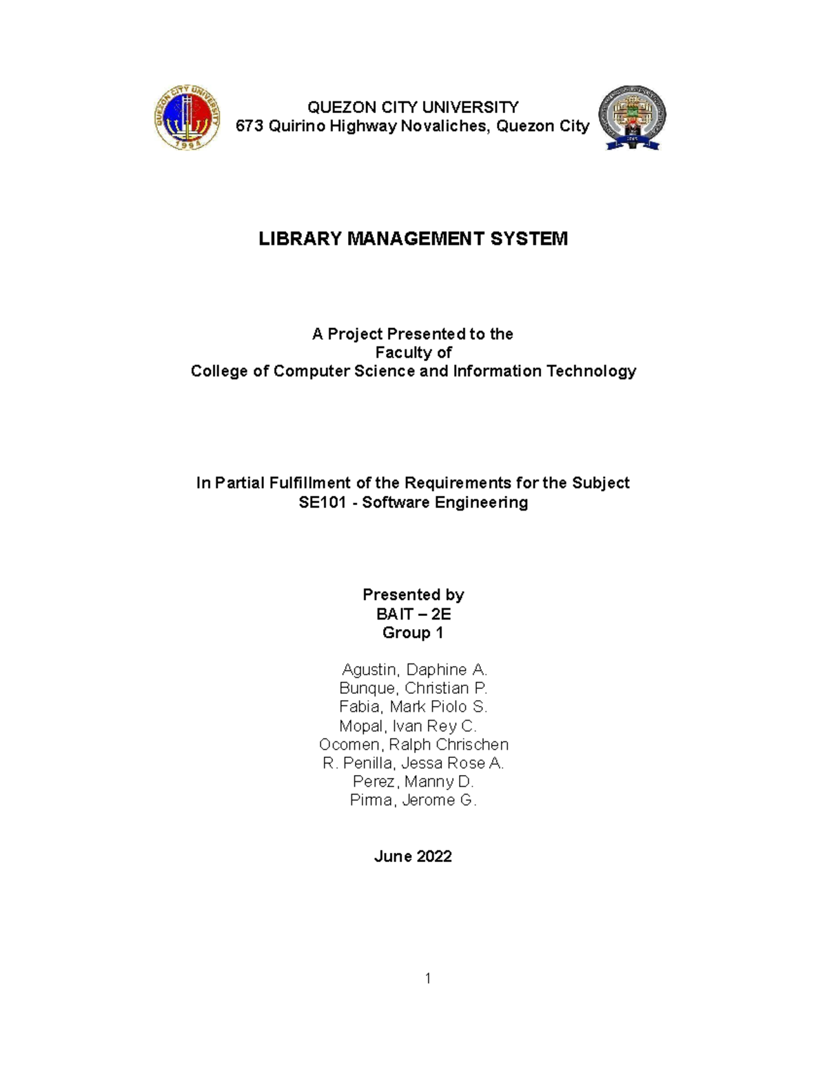 Library Management System (SE101) Project Report - BAIT 2E Group 1 ...