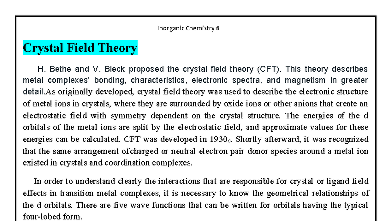 Inorganic Chemistry 6: Crystal Field Theory Notes - Studocu