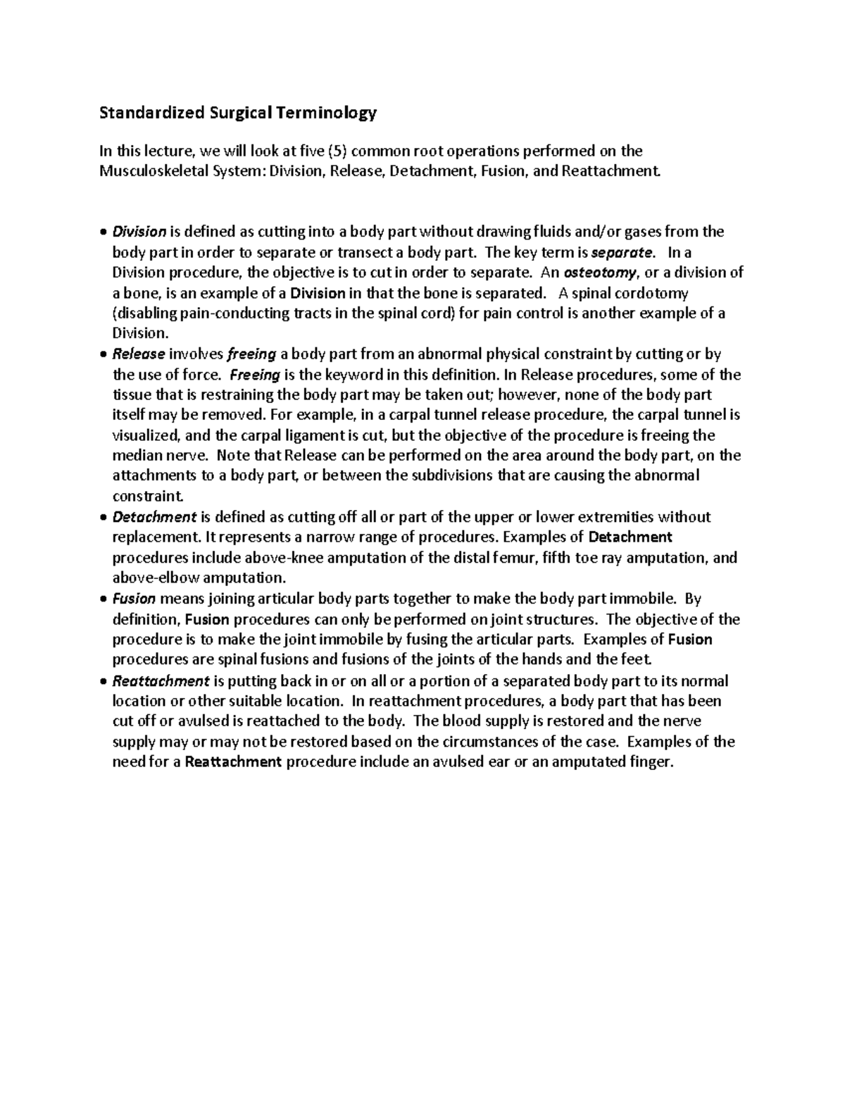 Musculoskeletal System Surgical Terminology Lecture Notes - Studocu