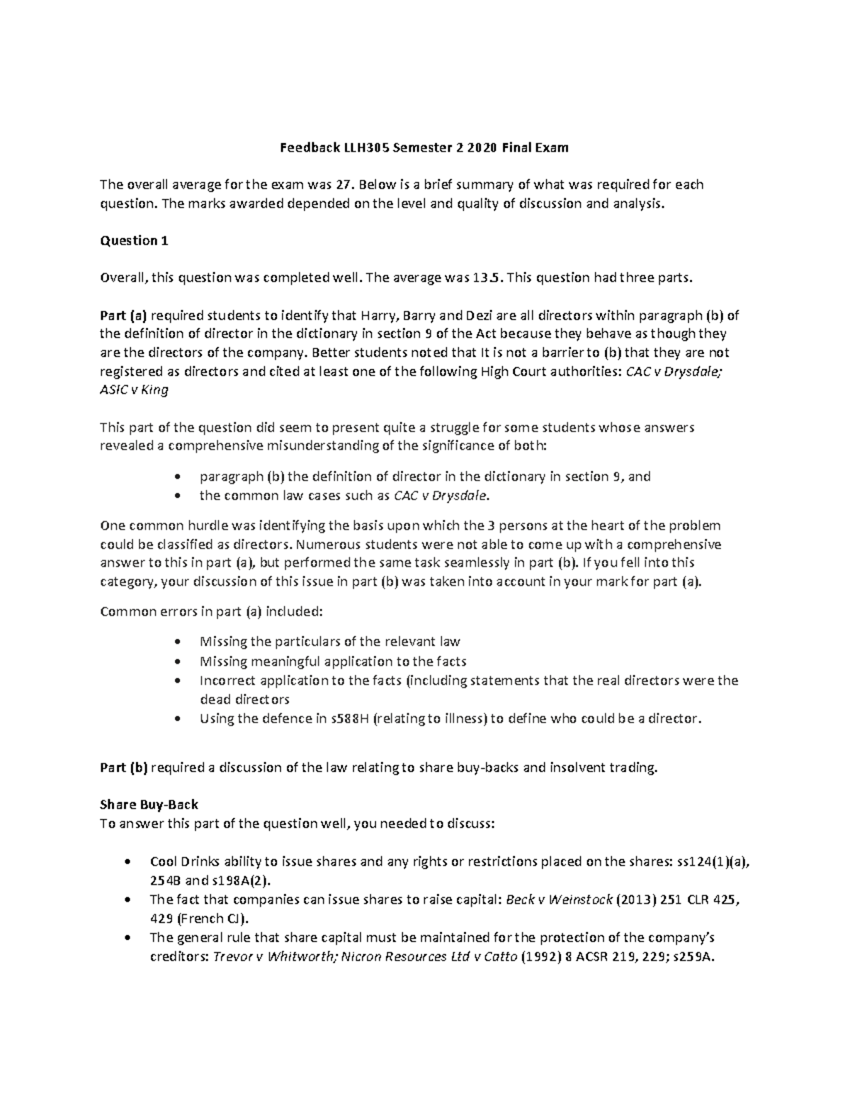 LLH305 Final Exam Feedback Summary for Semester 2, 2020 - Studocu