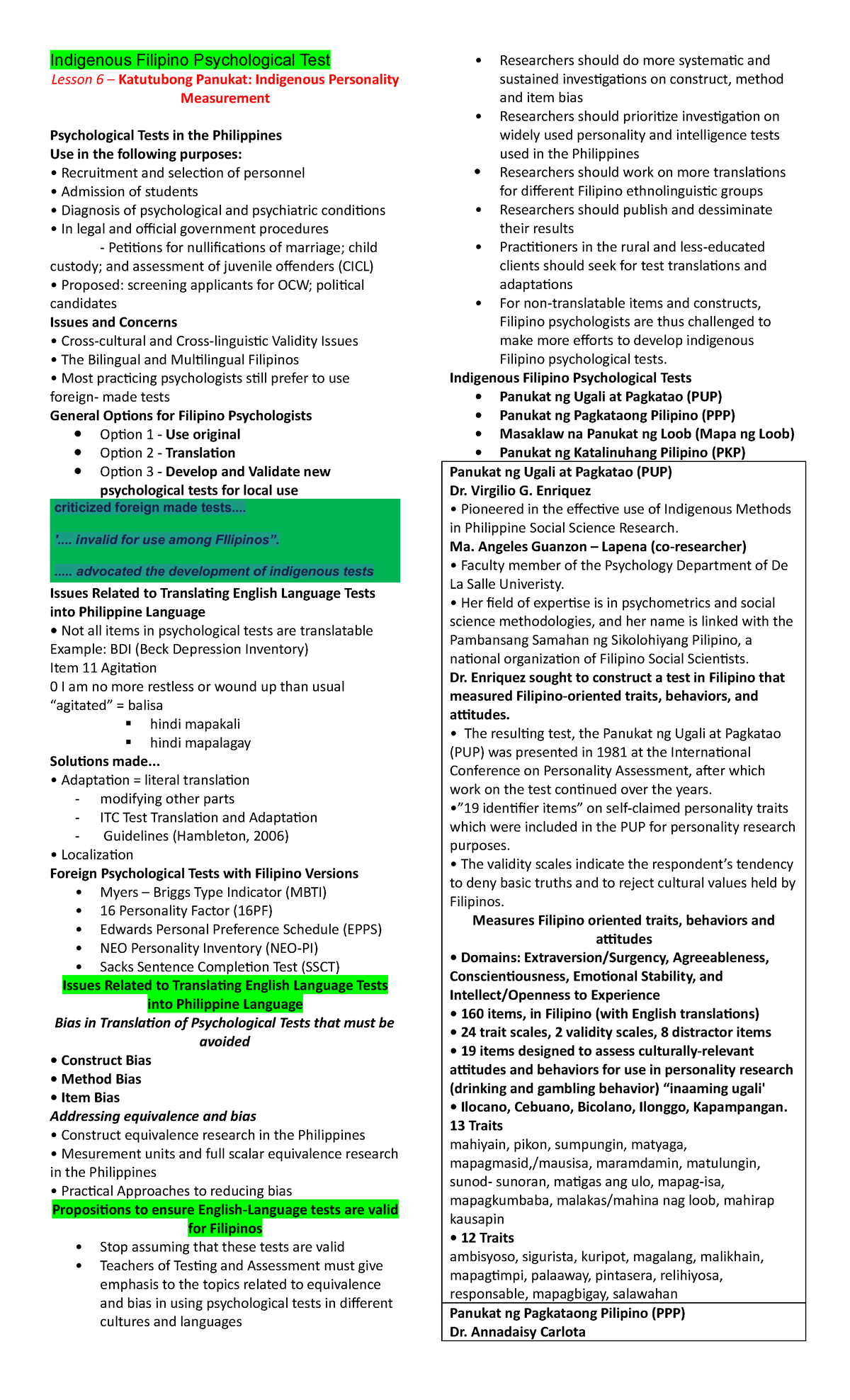 Filipino Psychology: Indigenous Psychological Tests - L6 & L7 Summary ...