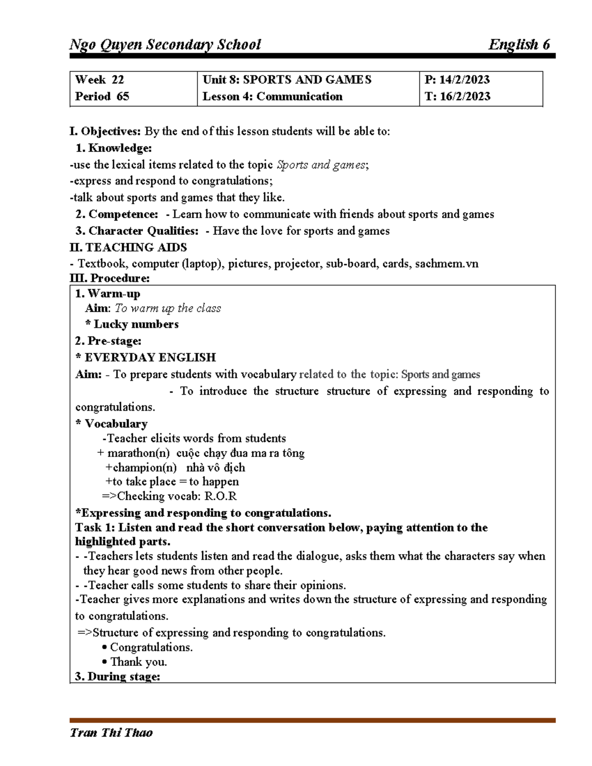 Ngo Quyen Secondary School English 6: Unit 8 Sports & Games Lesson 4 ...