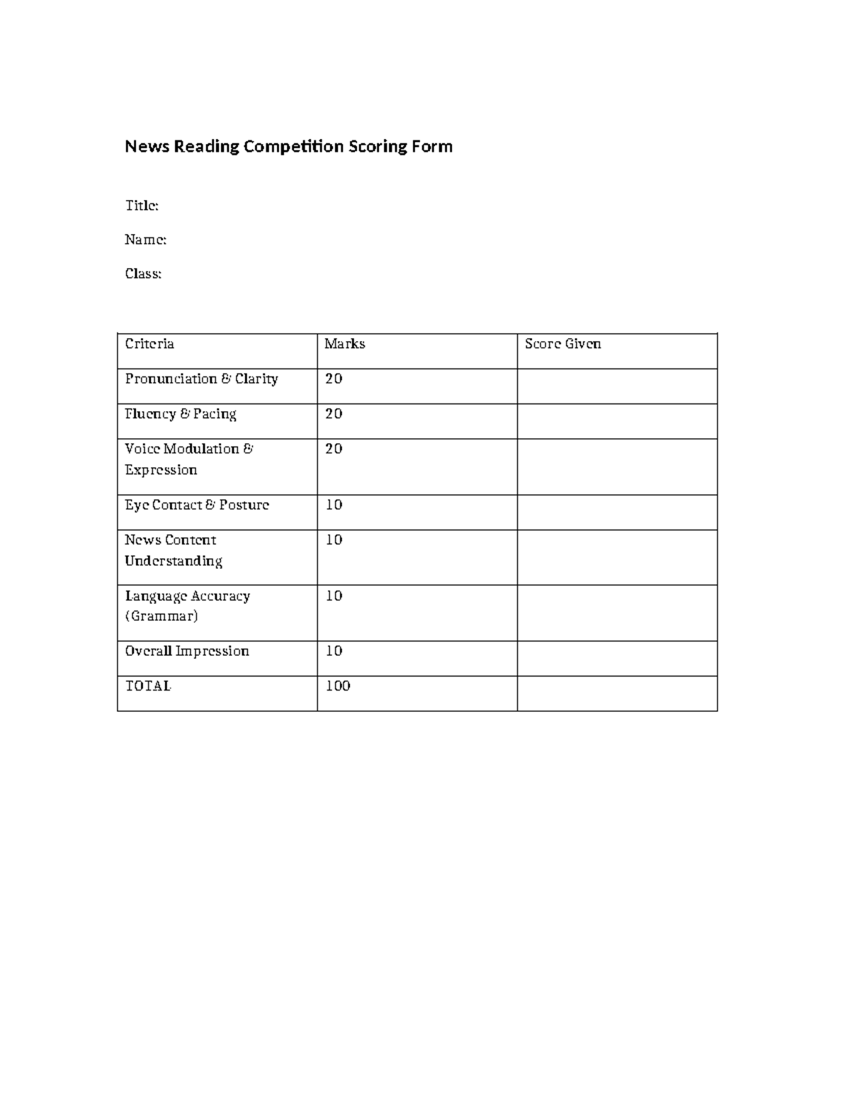 News Reading Competition Scoring Form - Evaluation Criteria - Studocu