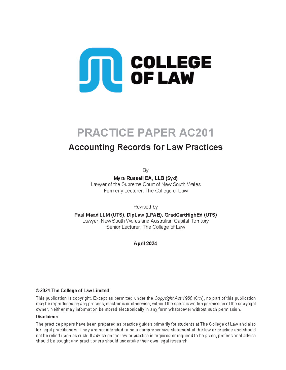 Practice Paper AC201: Accounting Records for Law Practices - Studocu
