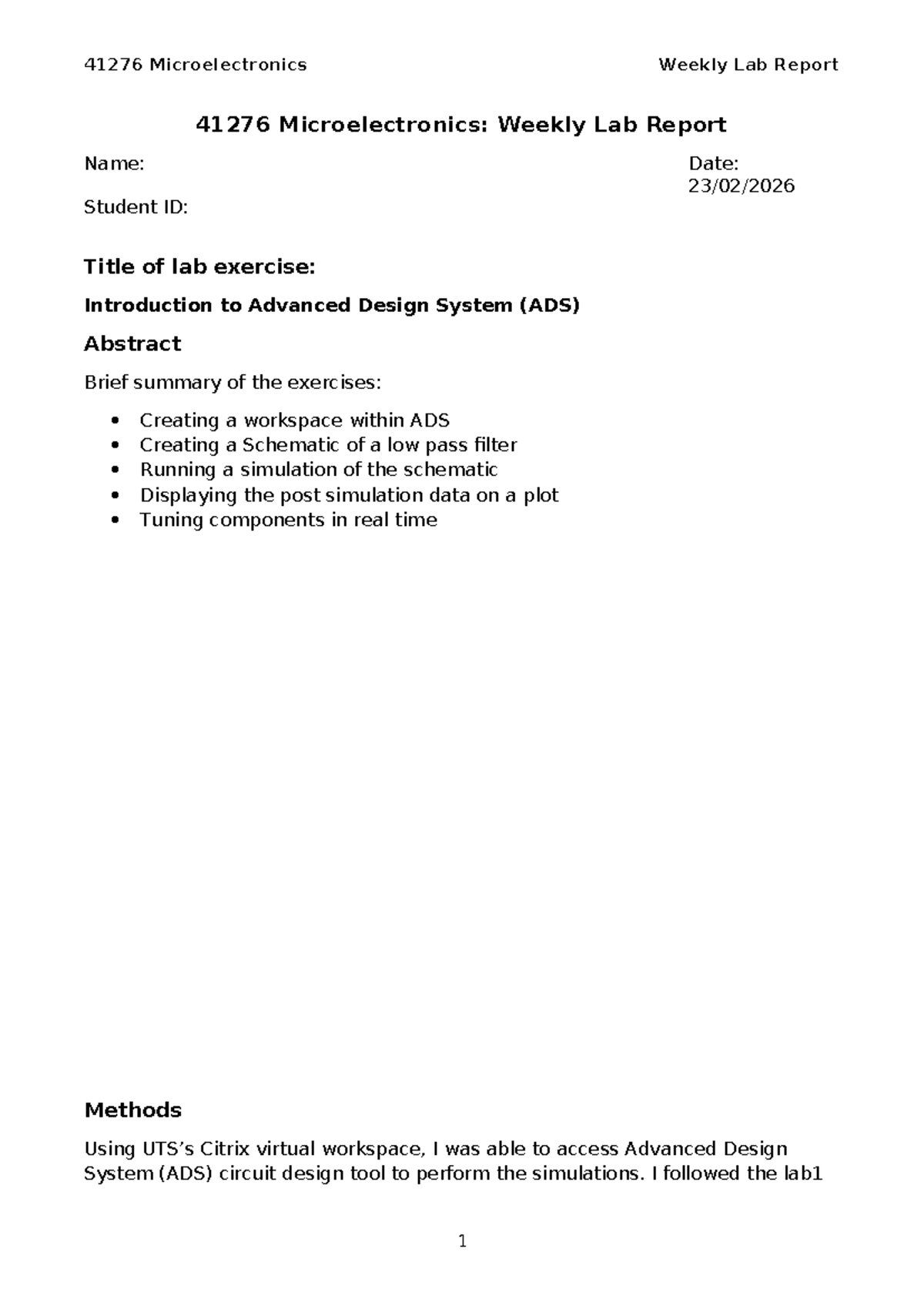 41276 Microelectronics: Weekly Lab Report on ADS Simulation - Studocu