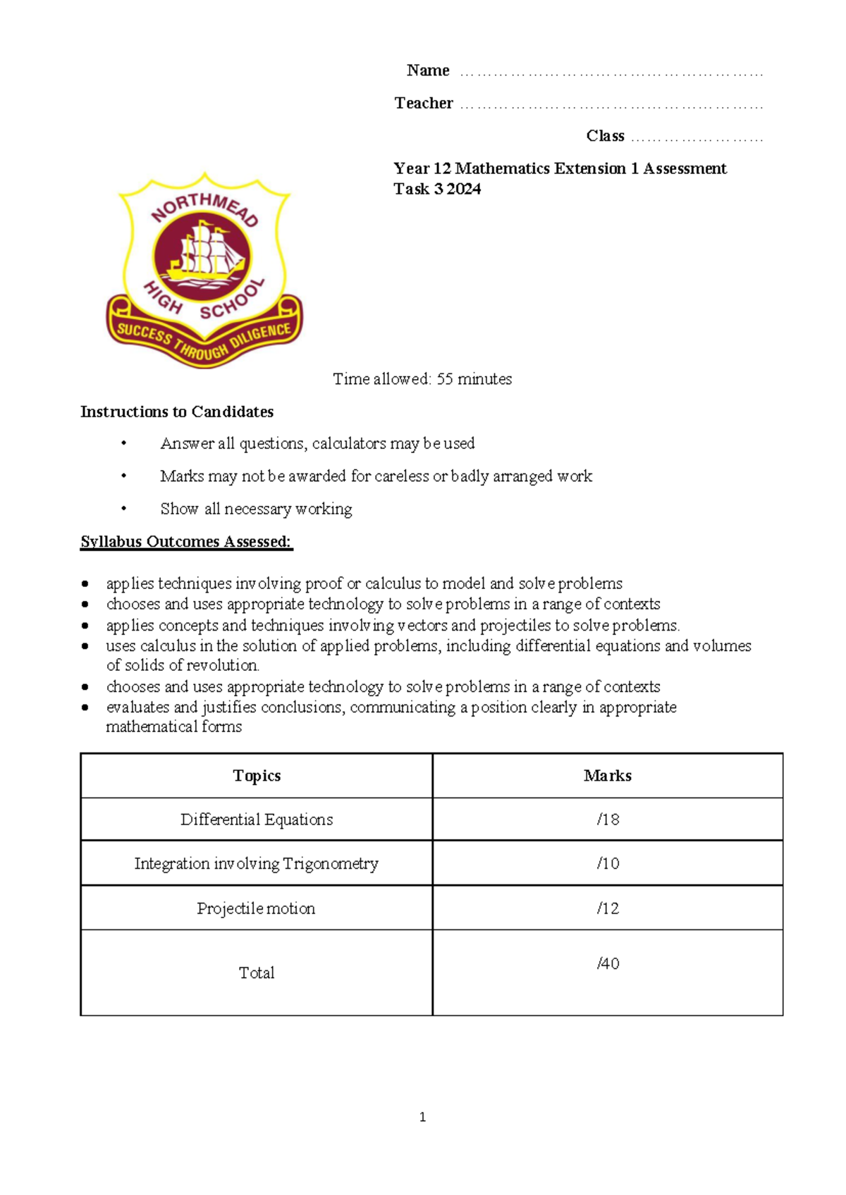 Year 12 Mathematics Ext 1 Assessment Task 3 2024: Differential ...