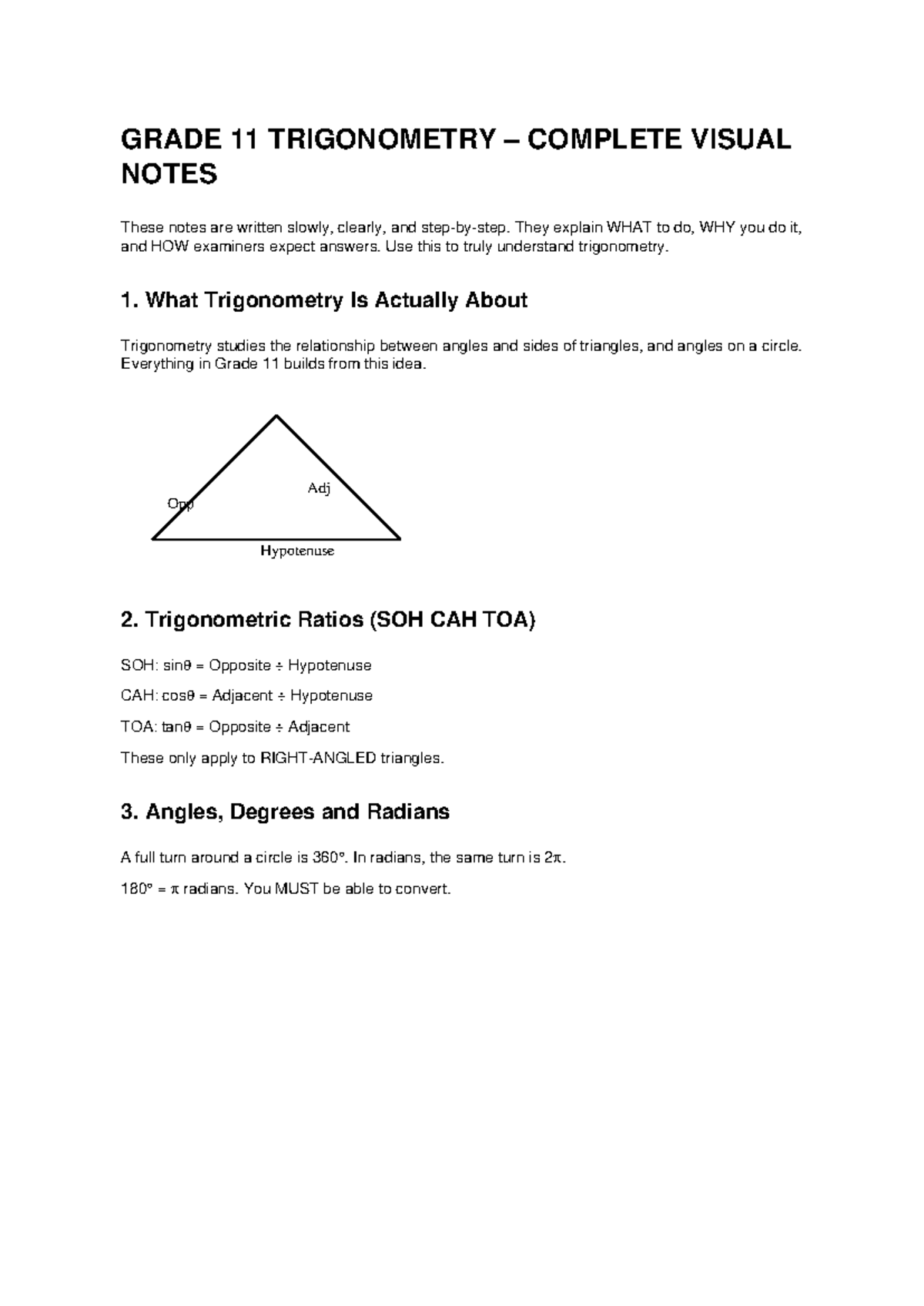 GRADE 11 TRIGONOMETRY VISUAL NOTES FOR EXAM PREPARATION - Studocu