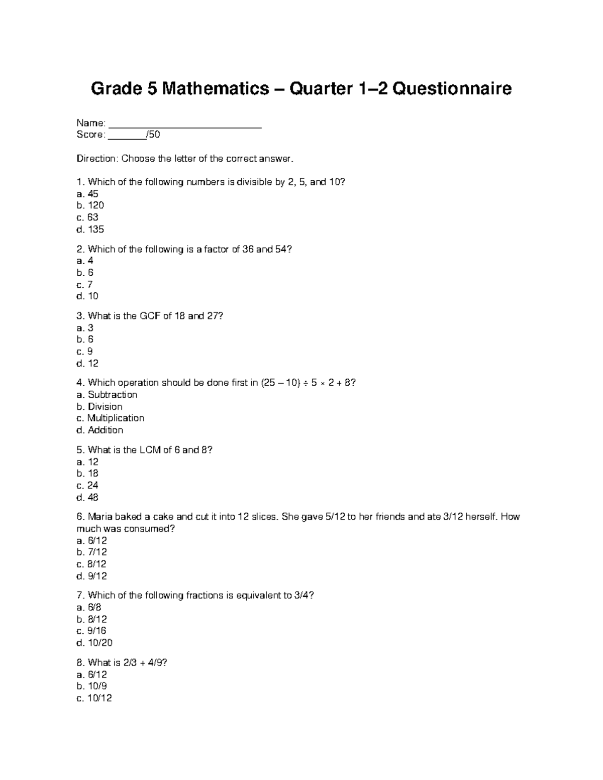 Grade 5 Math Q1 & Q2 Questionnaire - Studocu